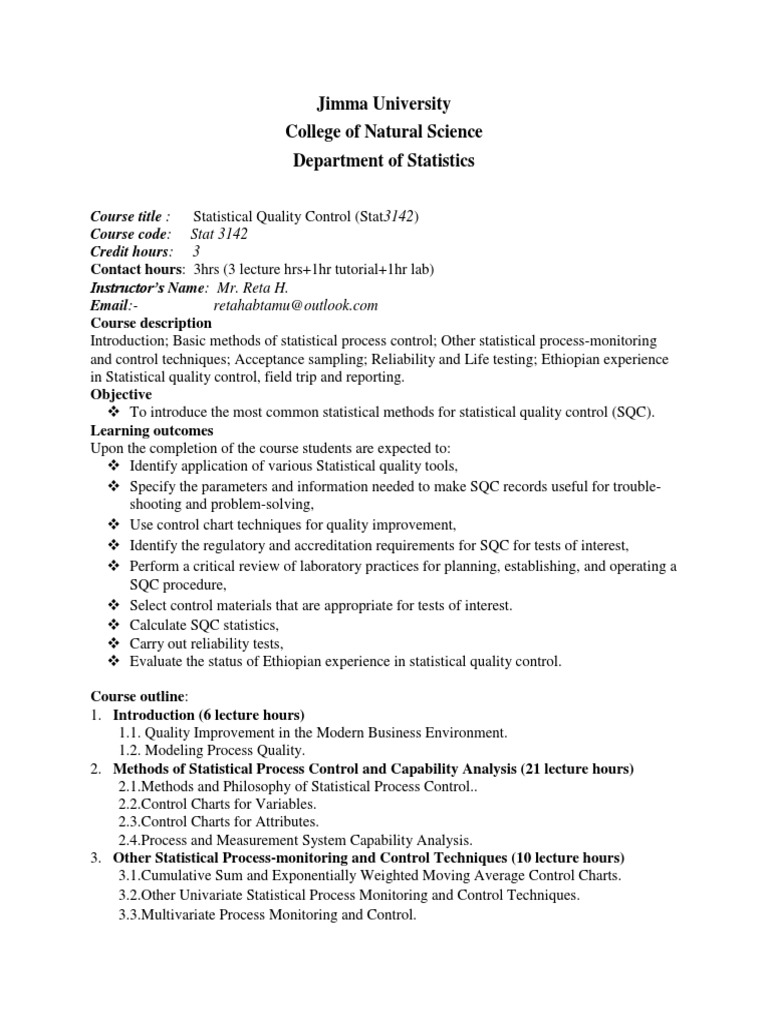 Course Outline Statistical Quality Control | PDF | Statistics | Reliability Engineering