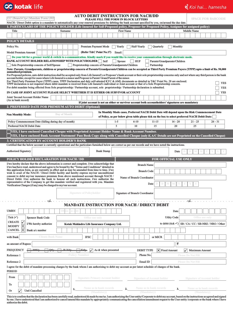 Auto Debit Instruction For Nach/Dd: Cc/Branchops/Mandate Form/002 ...