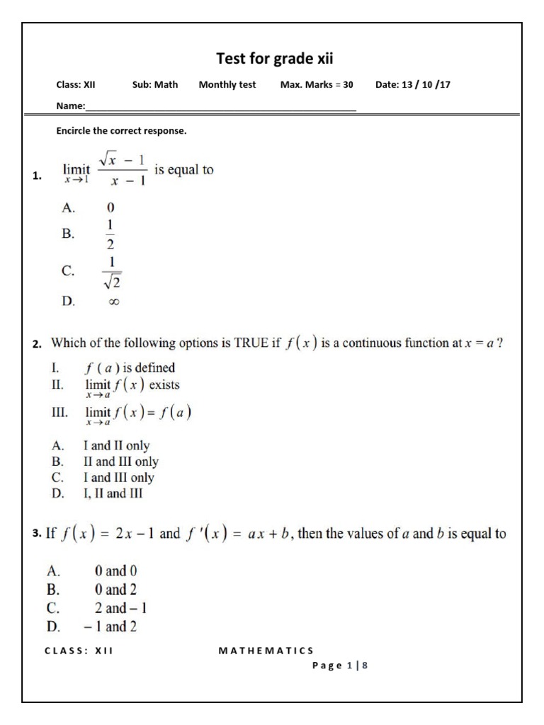 Grade XII Mathematics Monthly Test with Multiple Choice and Conceptual ...