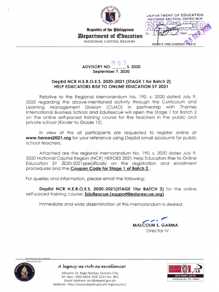 DepEd NCR HEROES 2021 Training Memo | PDF | Science & Mathematics