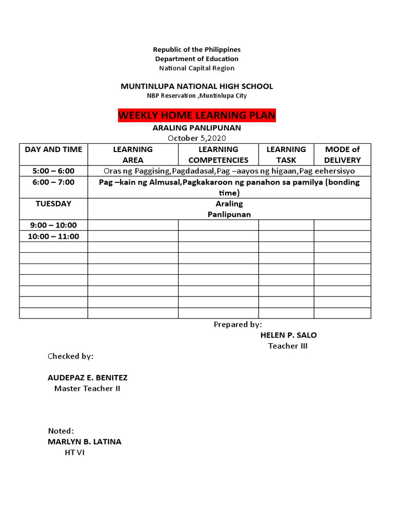 Weekly Home Learning Plan | PDF