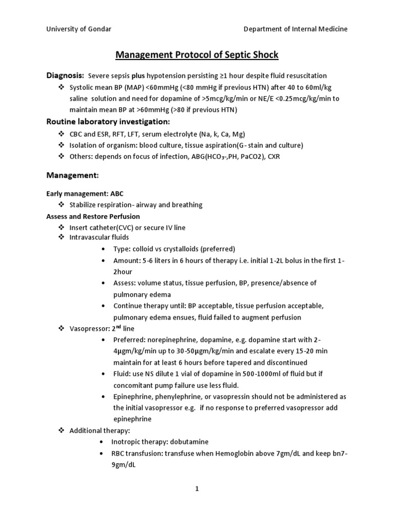 Management Protocol of Septic Shock: Diagnosis | PDF | Sepsis ...