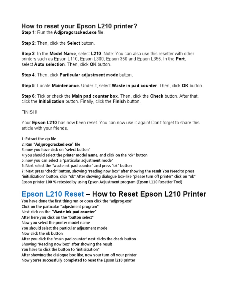 How To Reset Your Epson L210 Printer | PDF