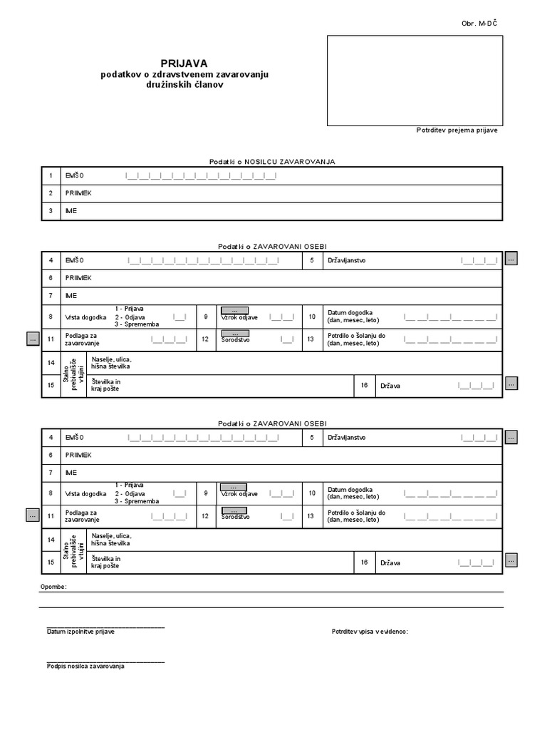 Prijava Podatkov o Zdravstvenem Zavarovanju Druzinskih Clanov | PDF