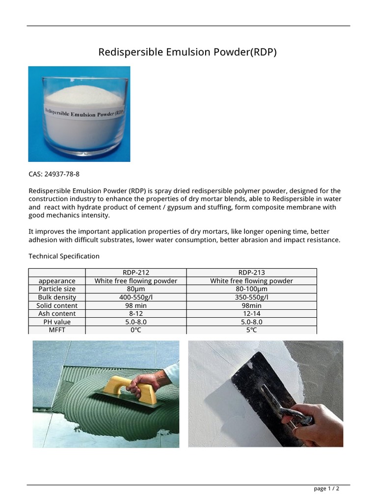 Redispersible Emulsion Powderrdp | PDF | Mortar (Masonry) | Industrial ...