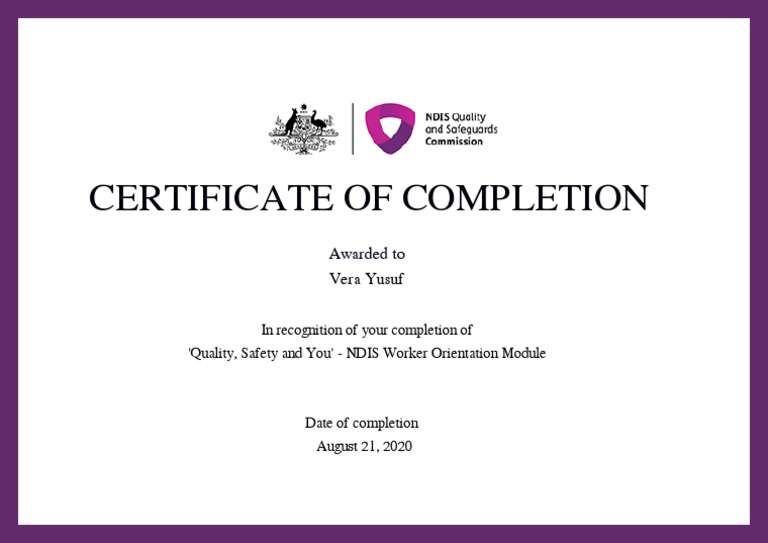 NDIS Worker Orientation Completion Certificate | PDF