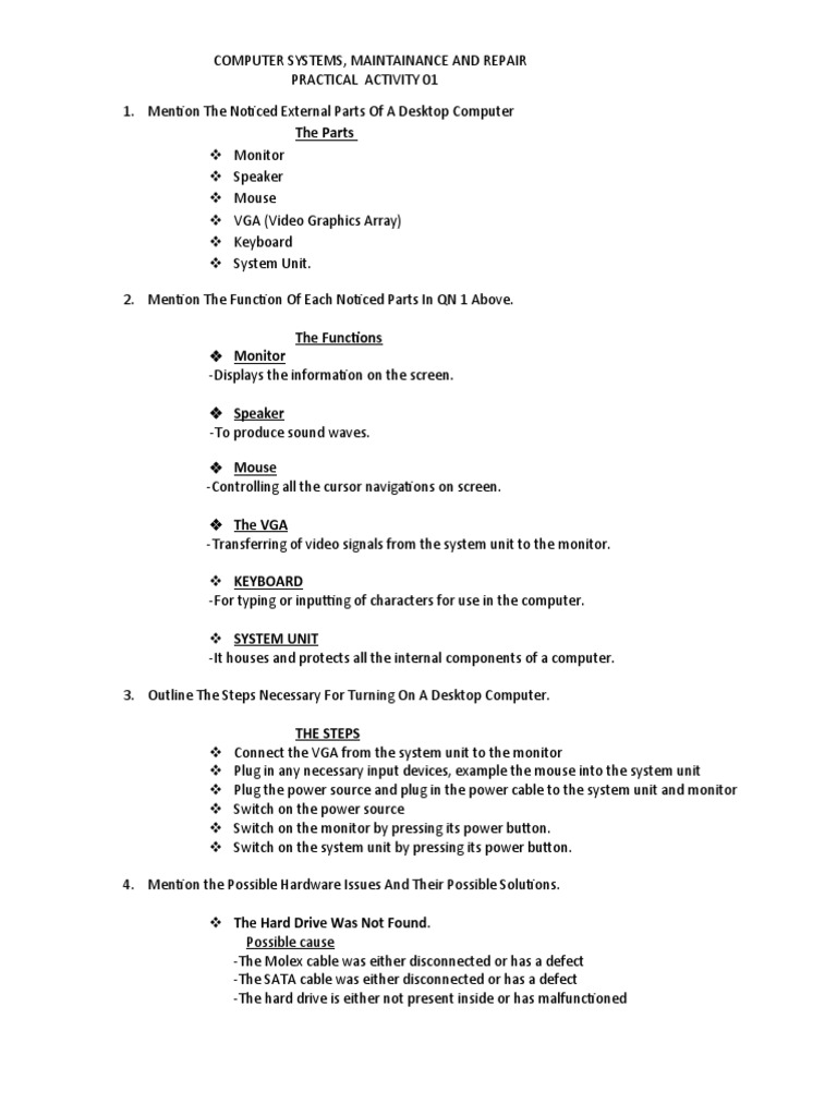 Computer Systems, Maintainance and Repair Practical 01 | PDF | Computer ...