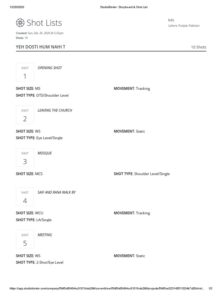 Studiobinder Storyboard Shot List | PDF