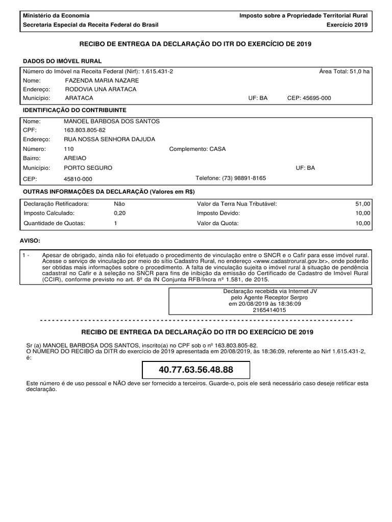 ITR 2019 ORIGI Recibo | PDF | Impostos | Business