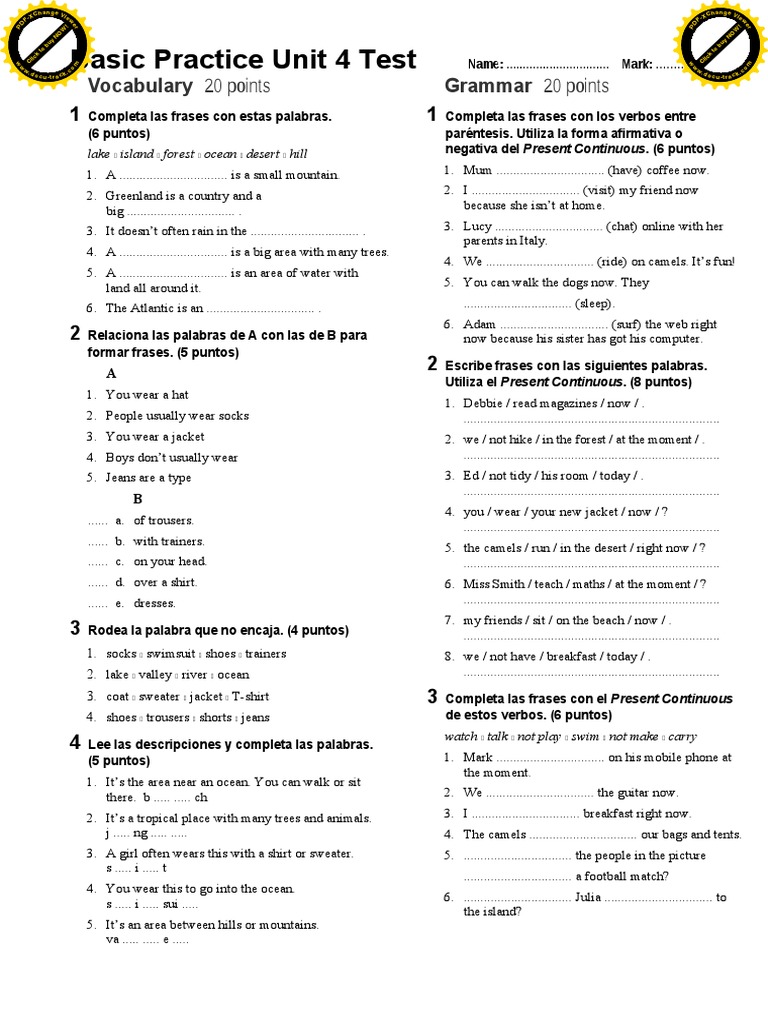 Basic Practice Unit 4 Test: Vocabulary 20 Points Grammar 20 Points ...