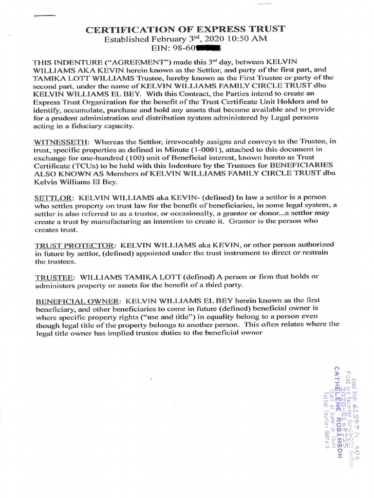 Certificate of Express Trust Kelvin El Bey | PDF