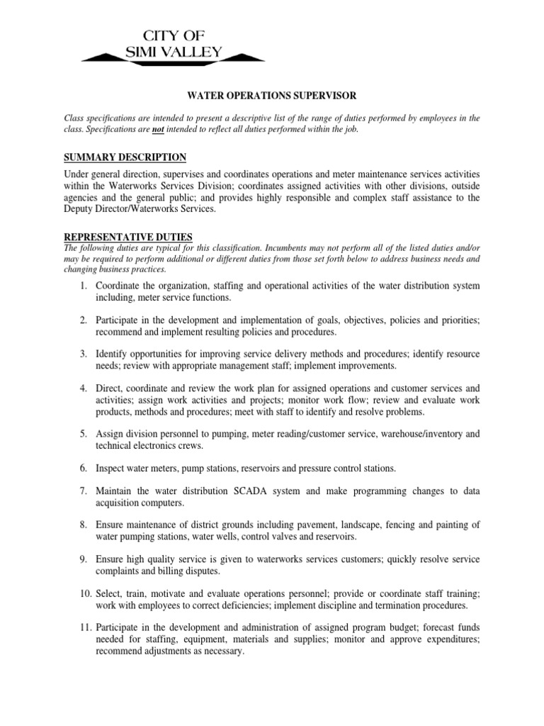 Water Operations Supervisor | PDF | Water Supply | Scada