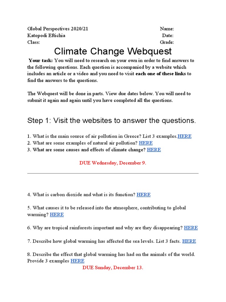 Climate Change Webquest: Step 1: Visit The Websites To Answer The ...