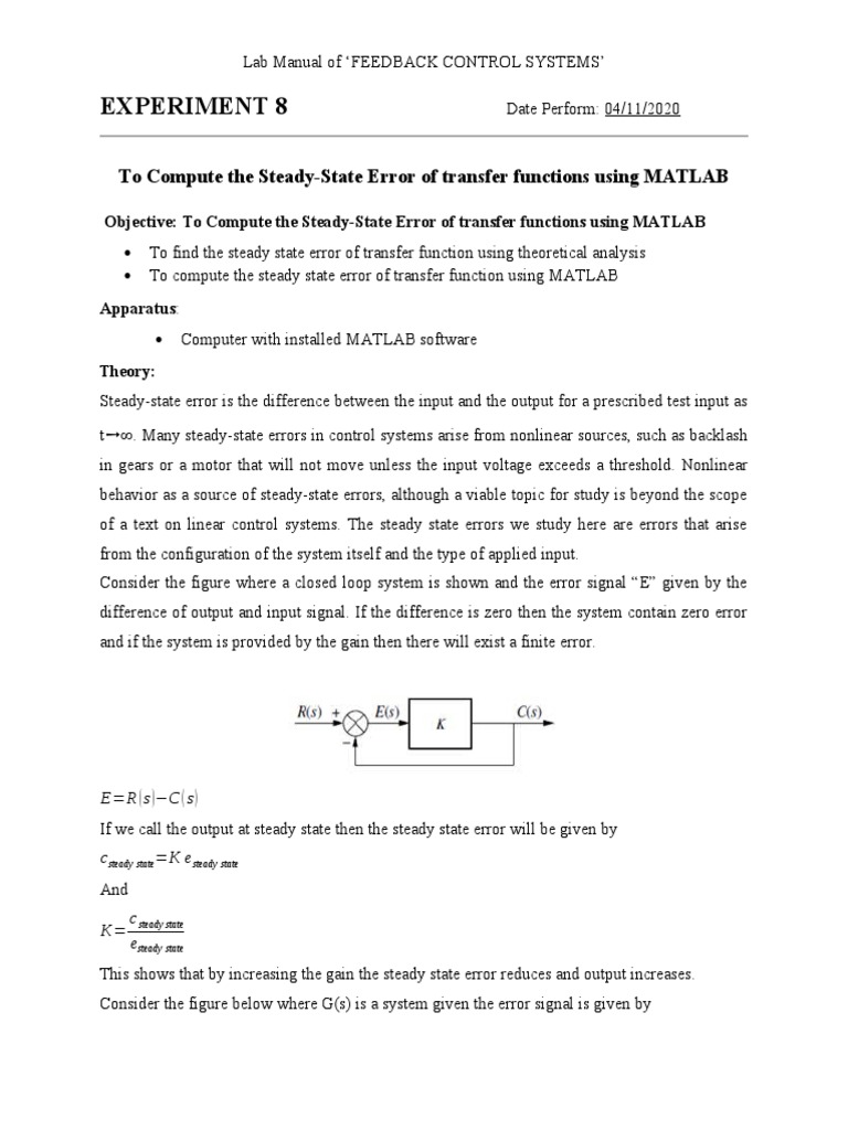 Experiment 8: To Compute The Steady-State Error of Transfer Functions ...