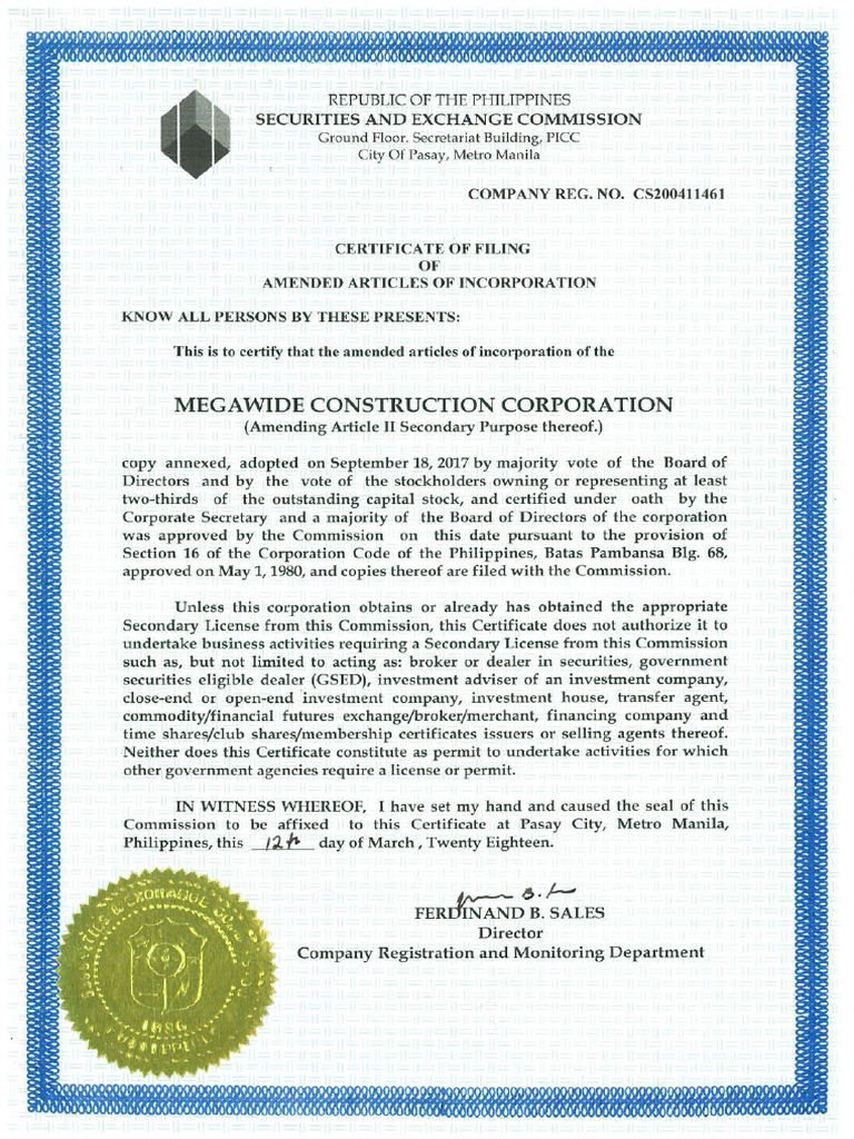Megawide - Certificate of Filing of Amended AOI PDF | PDF