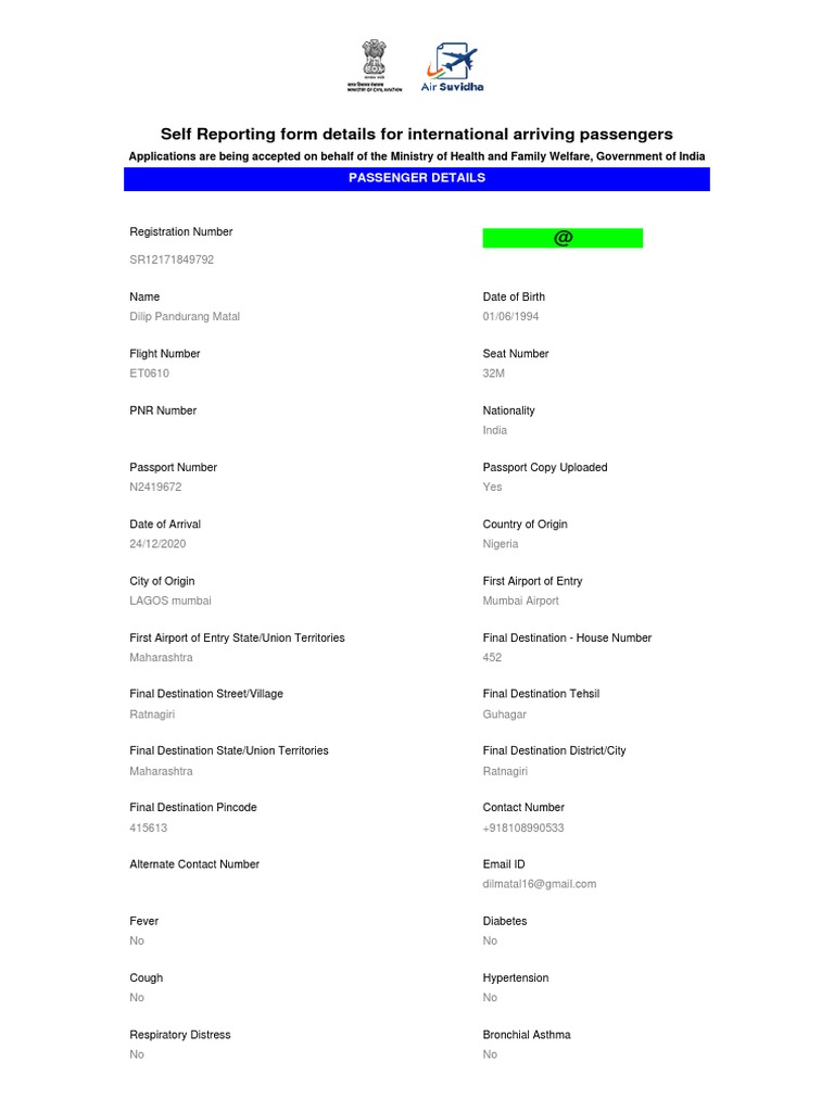 Self Reporting Form Details For International Arriving Passengers | PDF ...