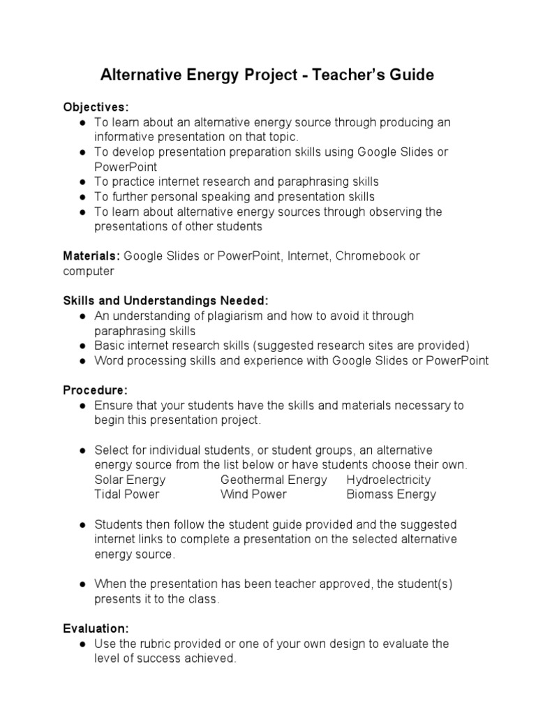 Alternative Energy Project Teacher's Guide Newest | PDF | Career ...