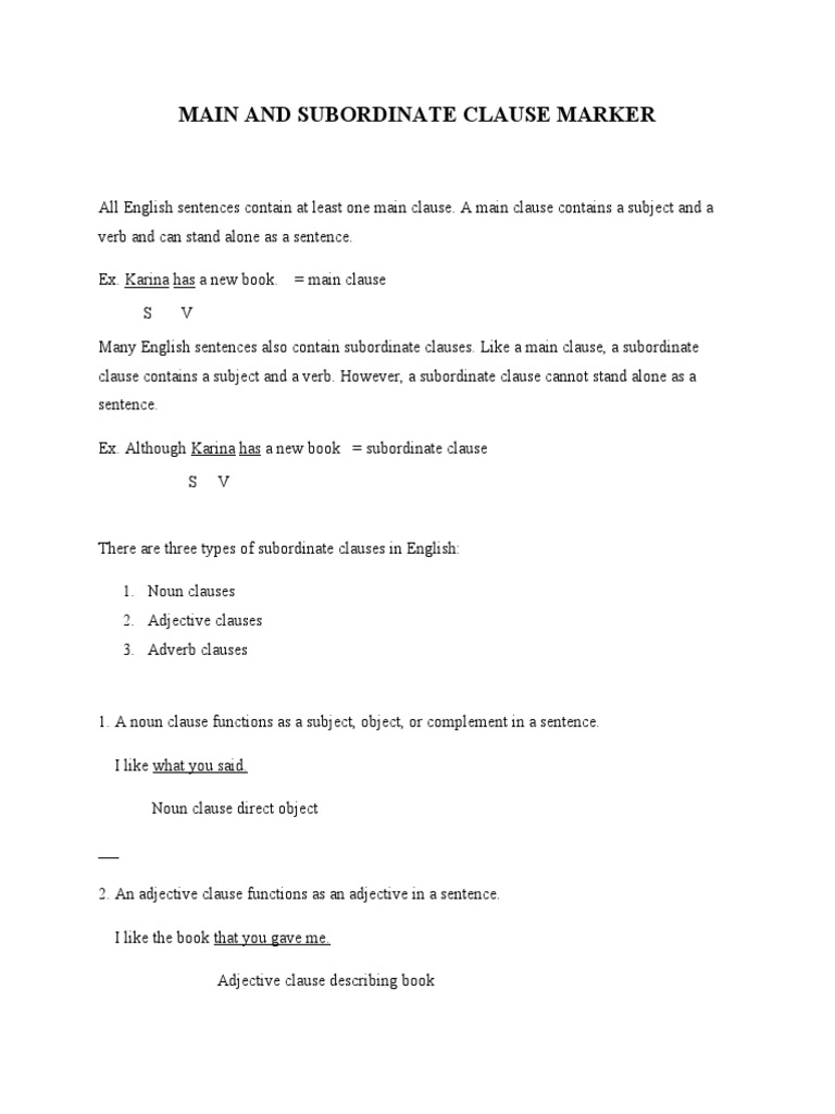 Main and Subordinate Clause Marker | PDF | Clause | Adverb