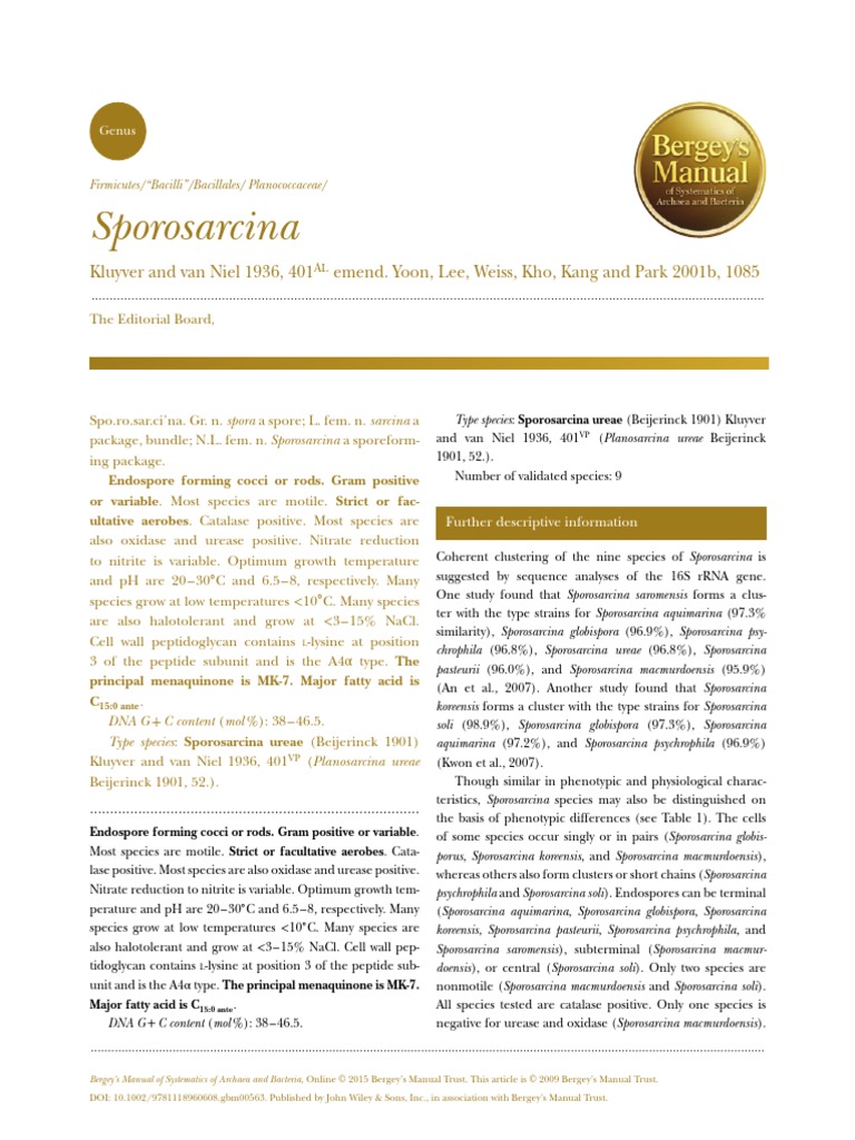 Sporosarcina: Kluyver and Van Niel 1936, 401 Emend. Yoon, Lee, Weiss ...