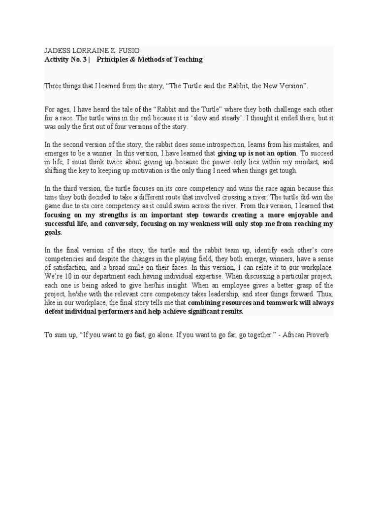 Lessons from the Rabbit and Turtle Story | PDF | Language Arts & Discipline