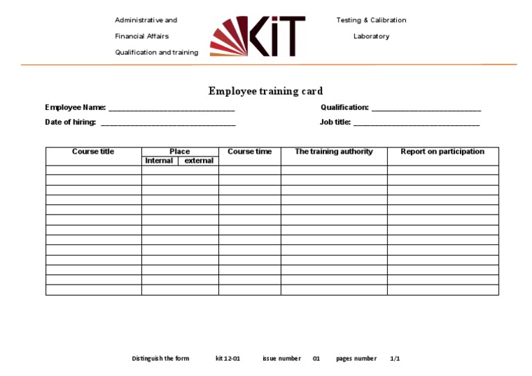 An Employee Training Card Documenting Qualification Courses for ...