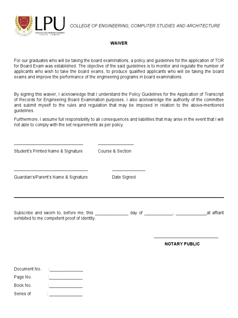 College of Engineering, Computer Studies and Architecture: Waiver | PDF ...