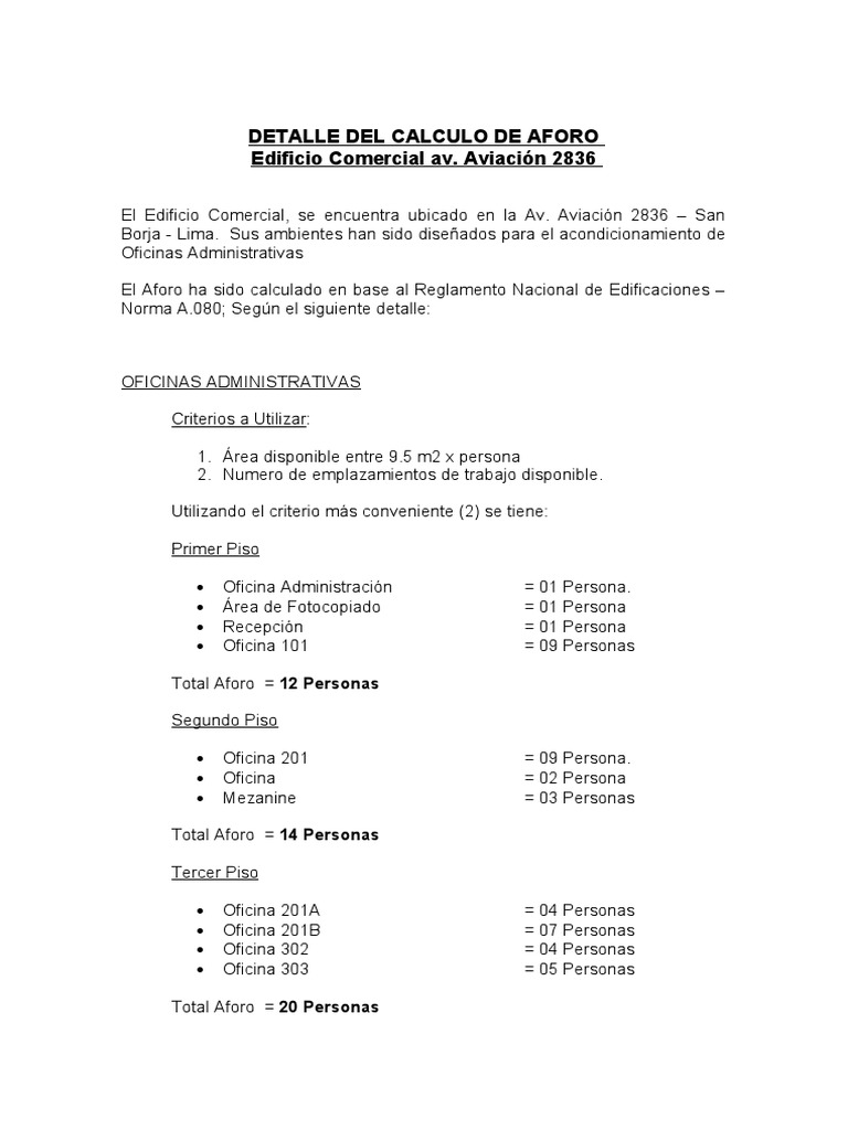 CALCULO DE AFORO (Edificio Aviacion 2836) | PDF