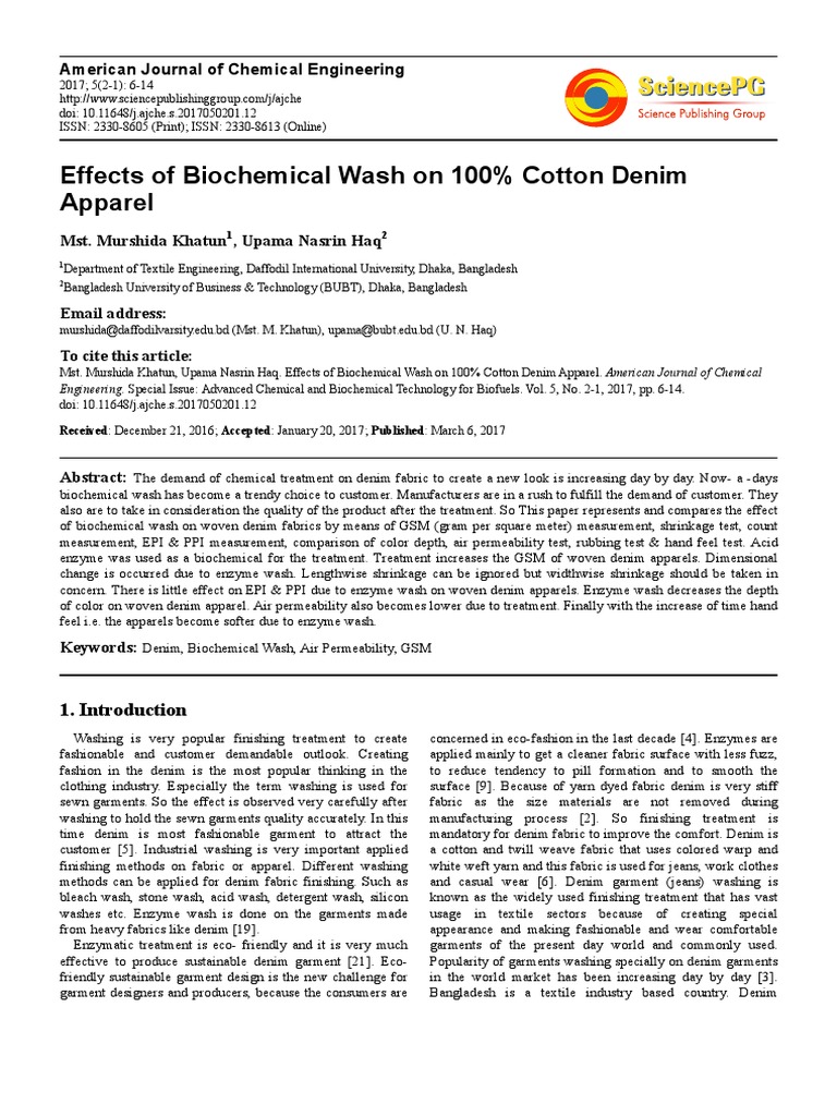 Effects of Biochemical Wash On 100% Cotton Denim Apparel: Mst. Murshida ...