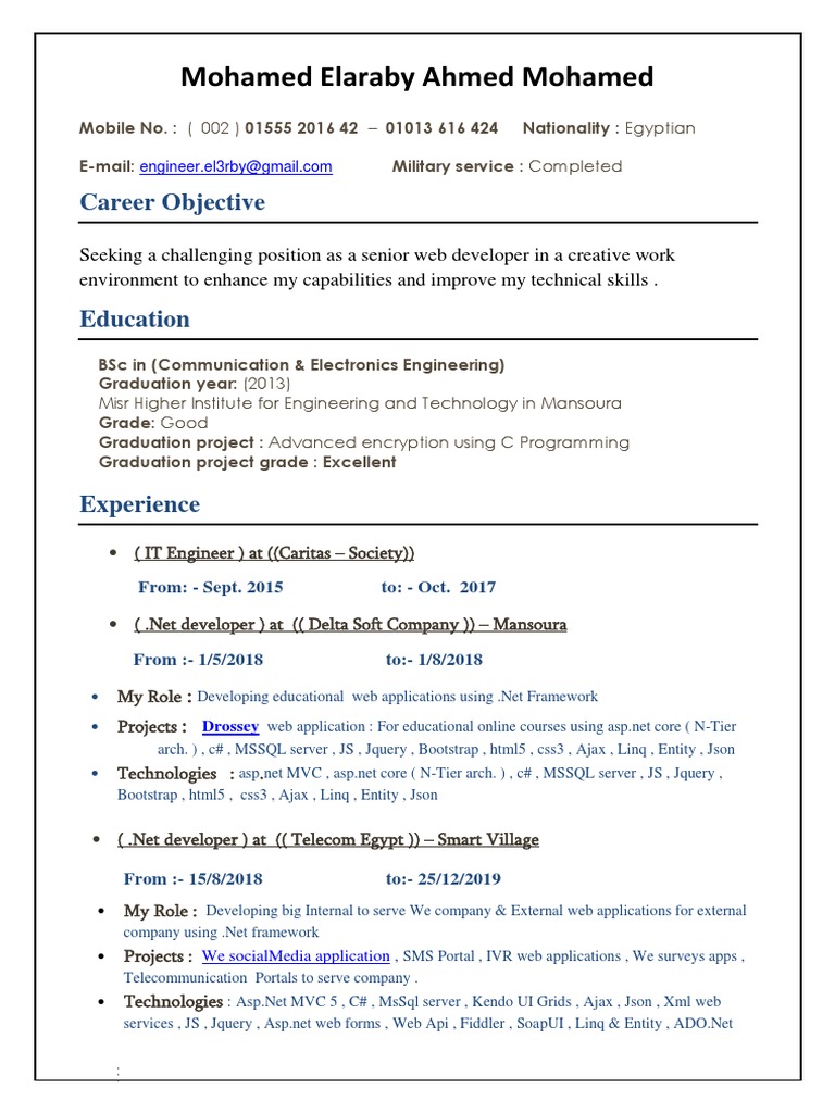 Mohamed Elaraby Ahmed Mohamed: Career Objective | Download Free PDF | Language Integrated Query ...