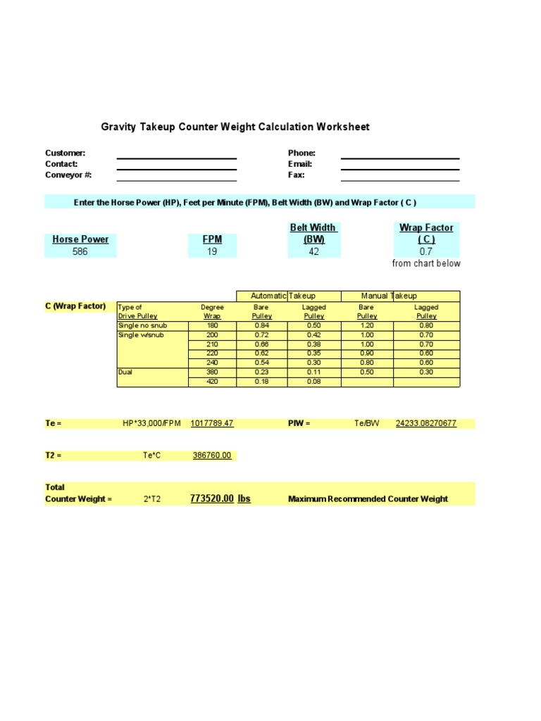 Gravity Takeup Counter Weight Calculation Worksheet: Belt Width Wrap ...