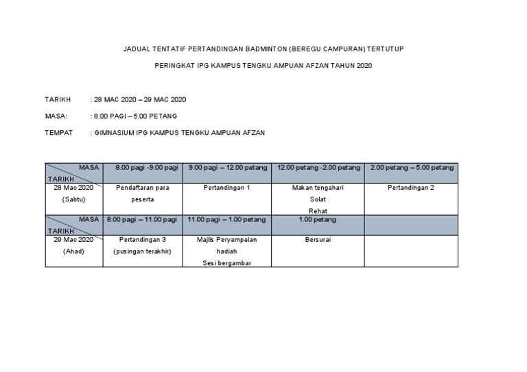 Jadual Tentatif (Draft) | PDF