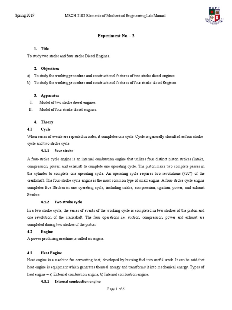 Experiment No. 3-To Study Two & Four Stroke Diesel Engine | PDF ...