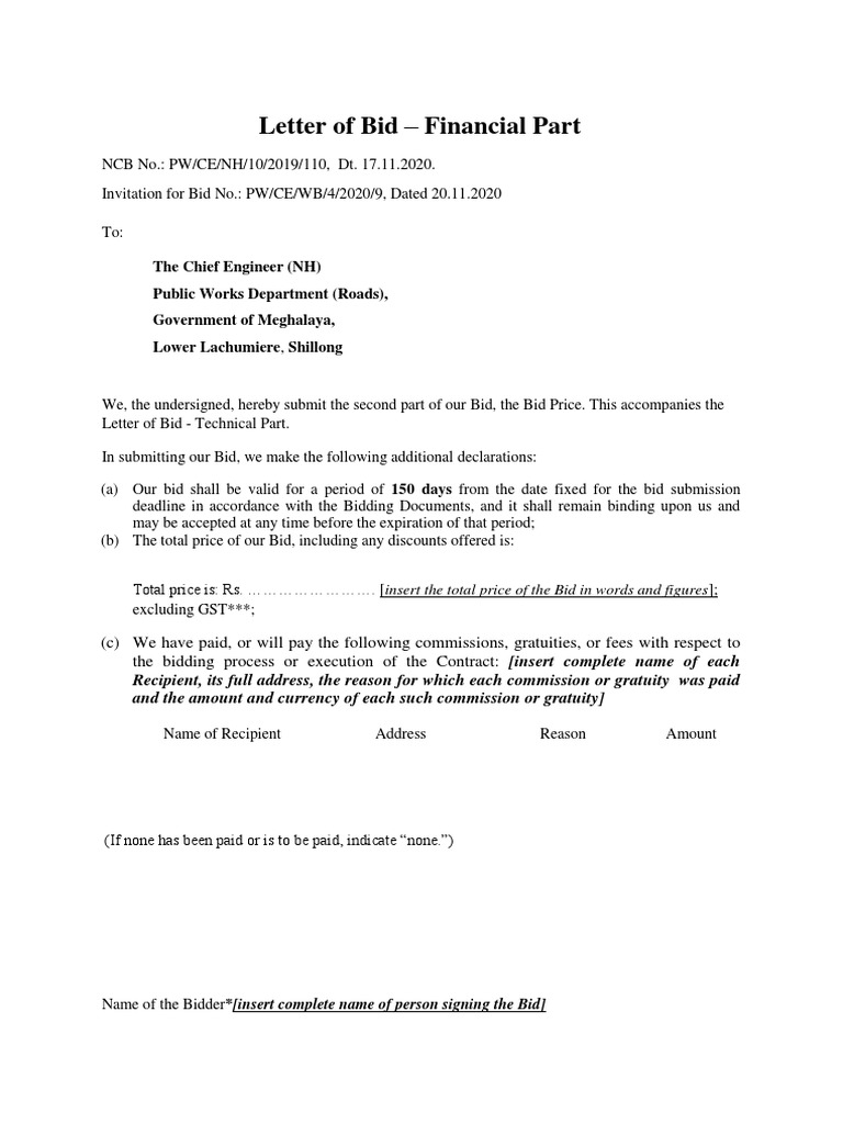 Letter of Bid - Financial Part | PDF