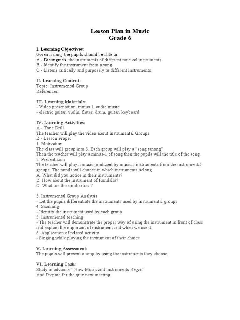 Lesson Plan in Music Grade 6: I. Learning Objectives | PDF