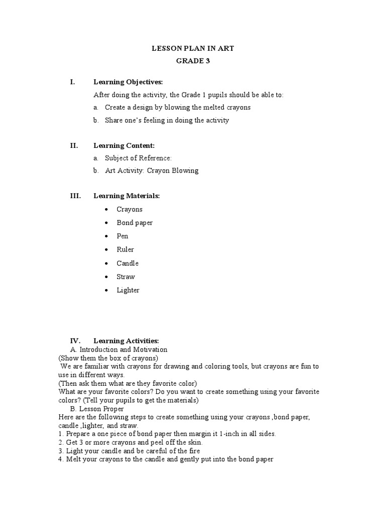 Lesson Plan in Art Grade 3 I. Learning Objectives | PDF