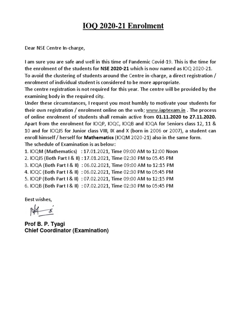 IOQ 2020-21 Enrolment: Prof B. P. Tyagi Chief Coordinator (Examination ...