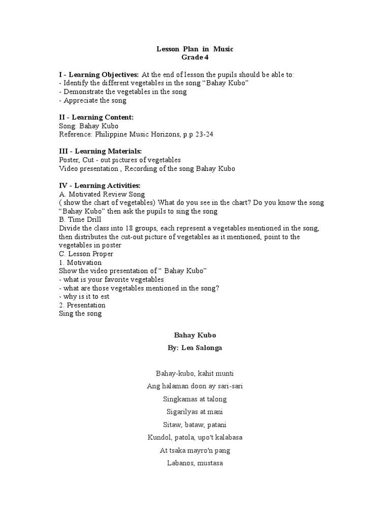 Lesson Plan in Music Grade 4 I - Learning Objectives: at The End of ...