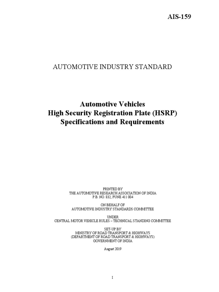HSRP Specifications for Indian Vehicles | PDF | Vehicle Registration ...