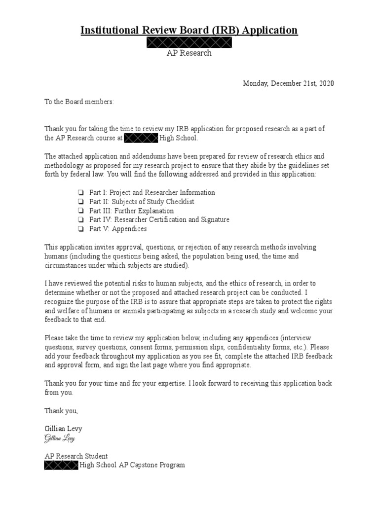 IRB Application for AP Research | PDF | Institutional Review Board ...