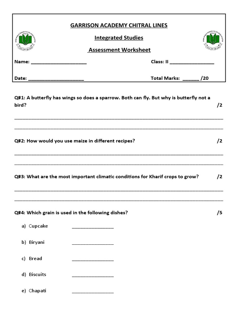 Garrison Academy Chitral Lines Integrated Studies Assessment Worksheet ...