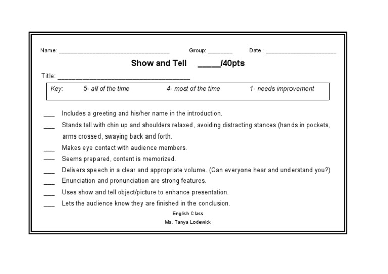 Show and Tell Presentation Rubric | PDF | Career & Growth