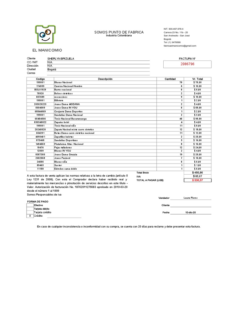 Factura Ropa Dic 15 - 2020 PDF | PDF | Pagos | Deportes
