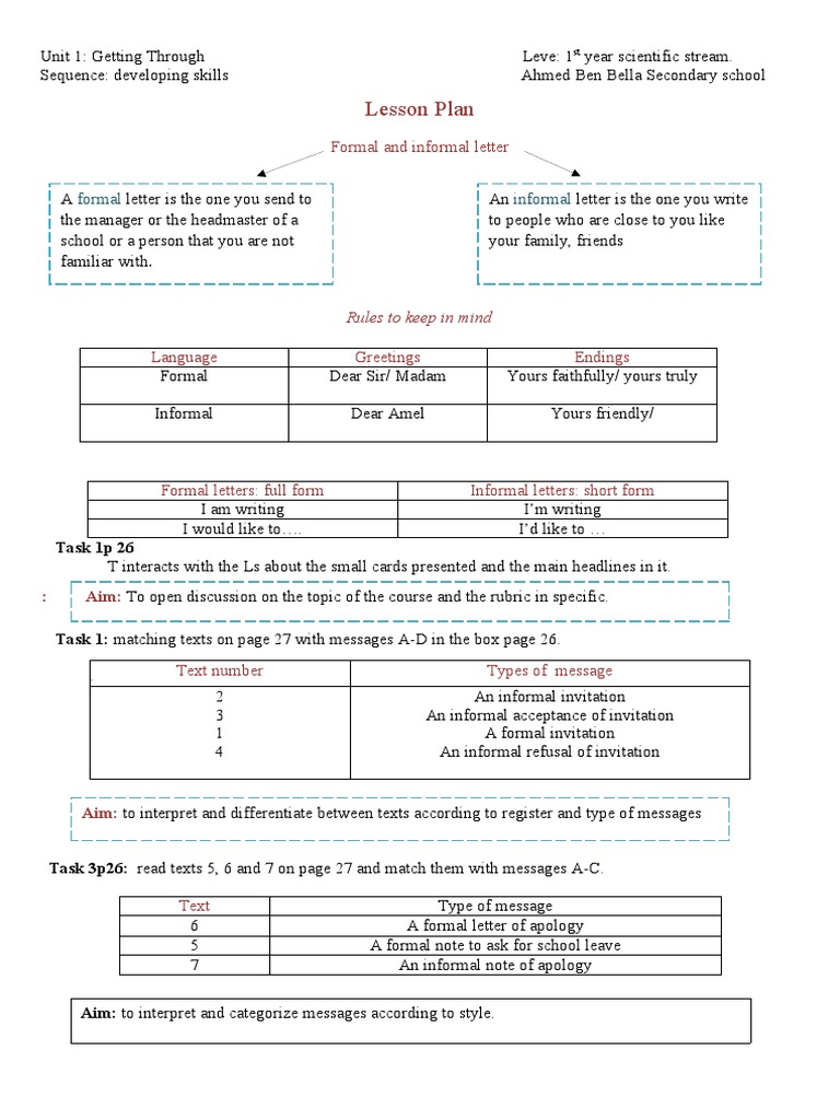 Lesson Plan: Formal and Informal Letter | PDF | Communication | Human ...