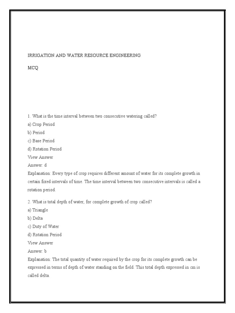 Irrigation Duty and Delta Concepts MCQ | PDF | Irrigation | Dam