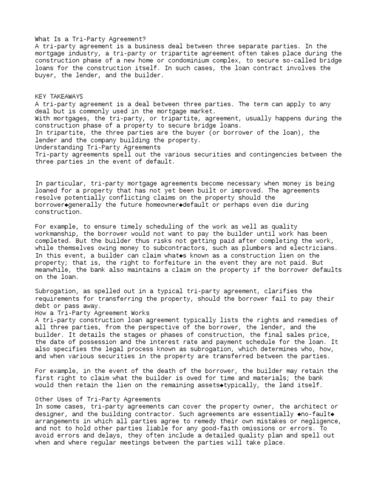 Tri Party Agreement | PDF | Loans | Mortgage Loan