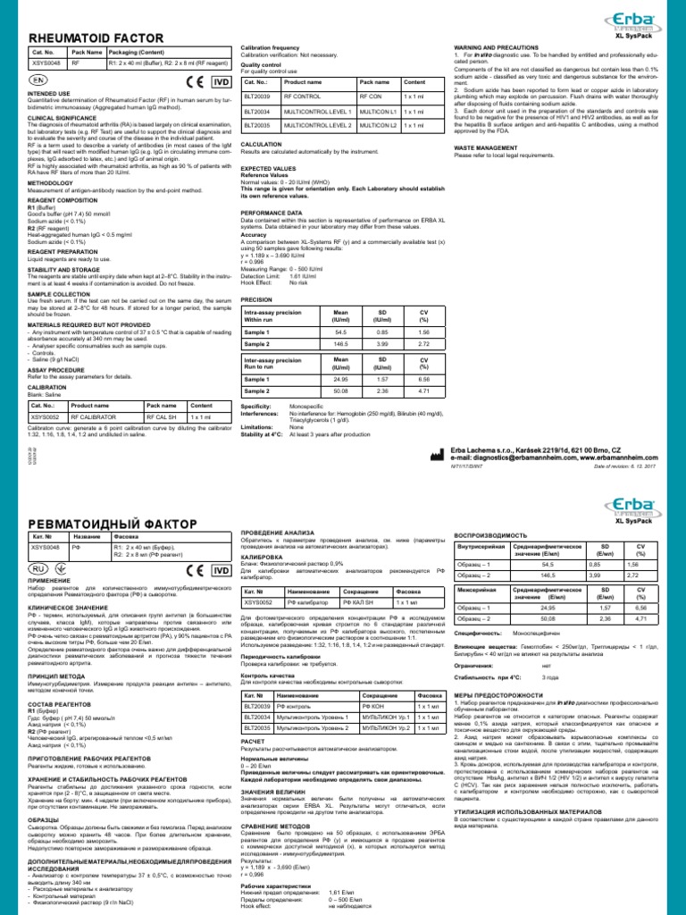 Rheumatoid Factor: Erba Lachema S.r.o., Karásek 2219/1d, 621 00 Brno ...