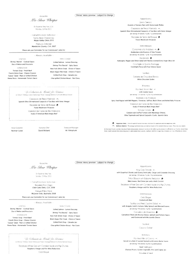 Silversea Dinner Menus | PDF