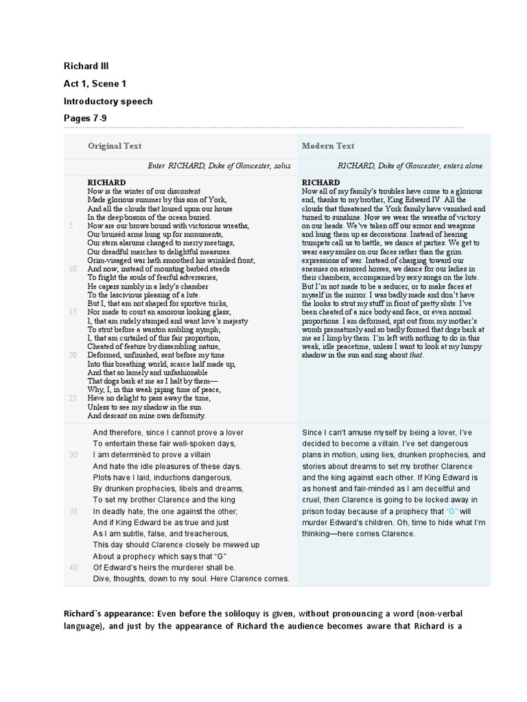 Original Text Modern Text: Richard III Act 1, Scene 1 Introductory ...