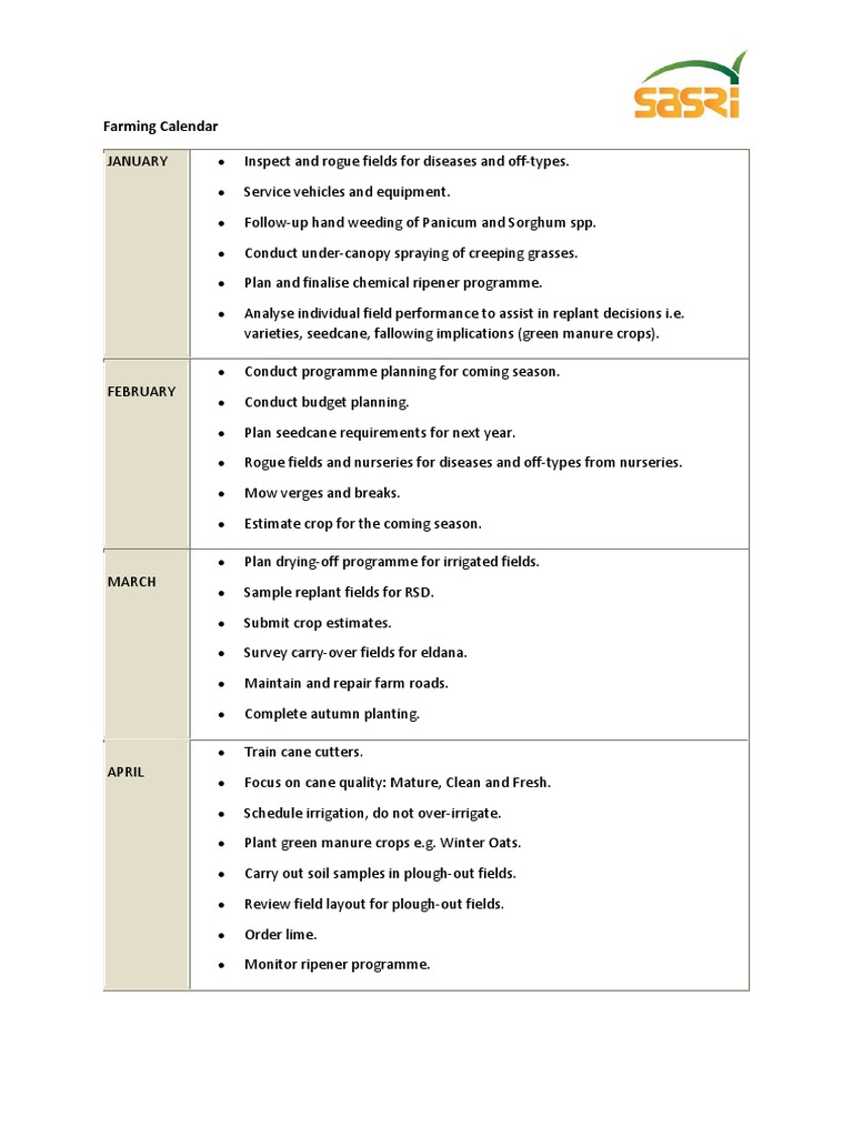 Farming Calendar | PDF | Herbicide | Crop Rotation