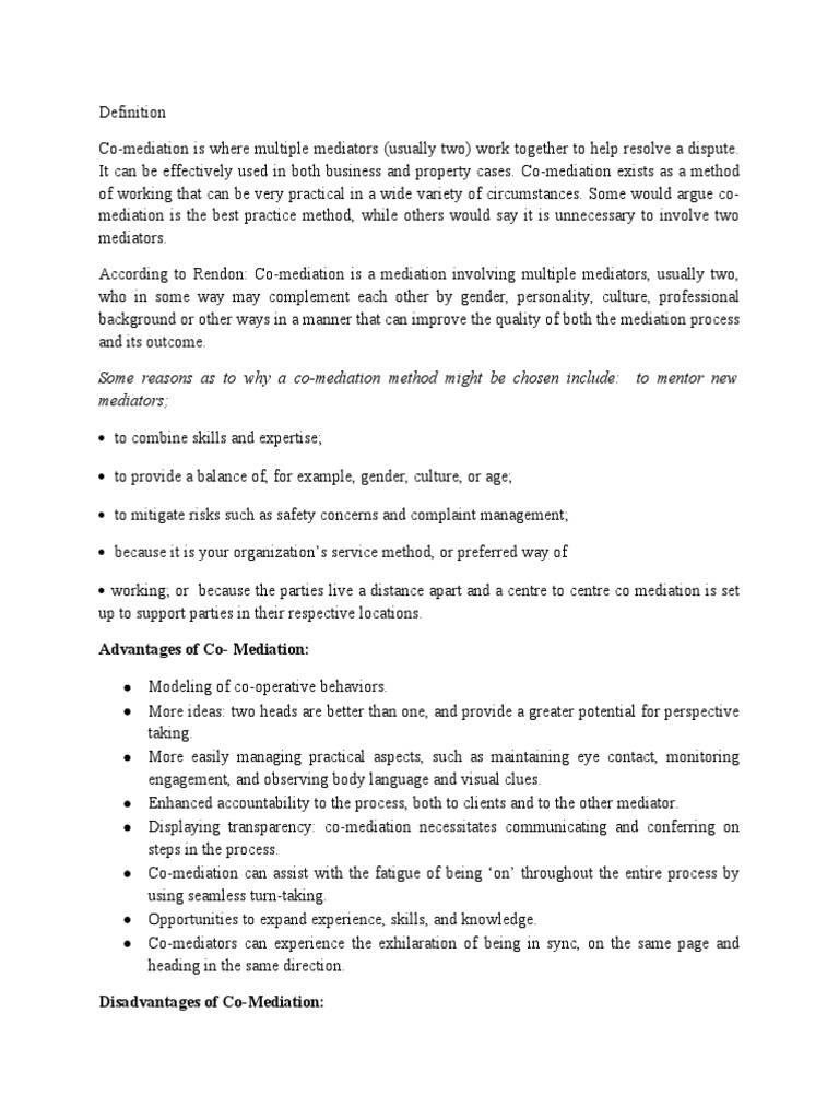 Some Reasons As To Why A Co-Mediation Method Might Be Chosen Include ...